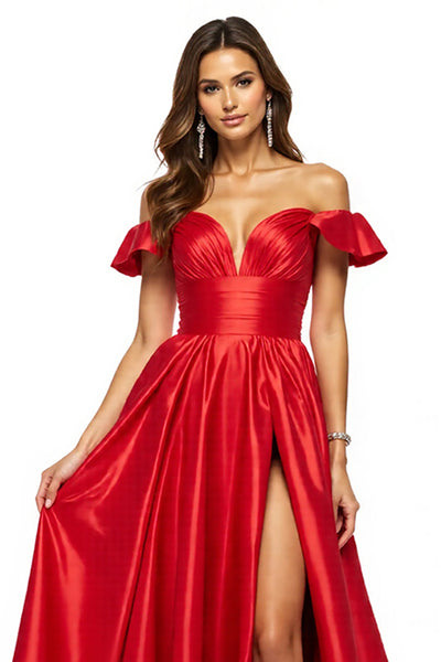 ZAPAKA Women Off The Shoulder Red Prom Dress A Line Long Evening Dress With Slit