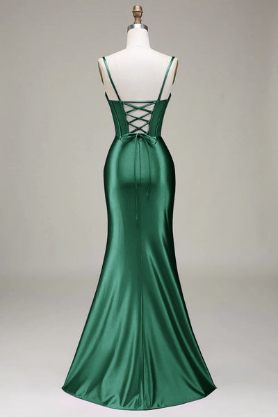 Zapaka Women Dark Green Prom Dress Mermaid Spaghetti Straps Corset Evening Dress with Split ...