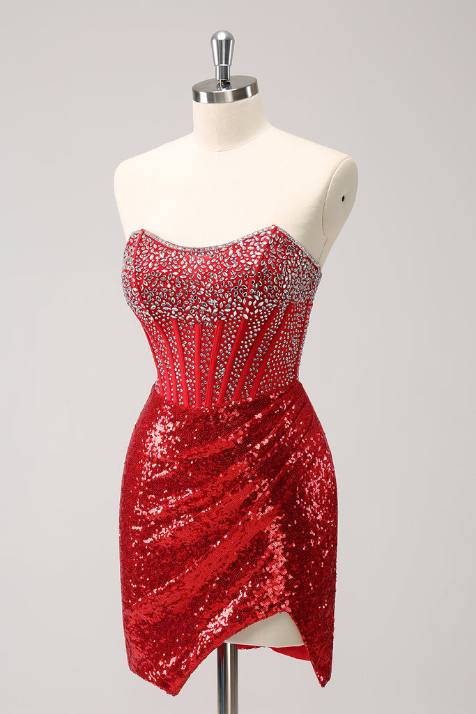 Zapaka Women Sparkly Red Strapless Tight Homecoming Dress Corset ...