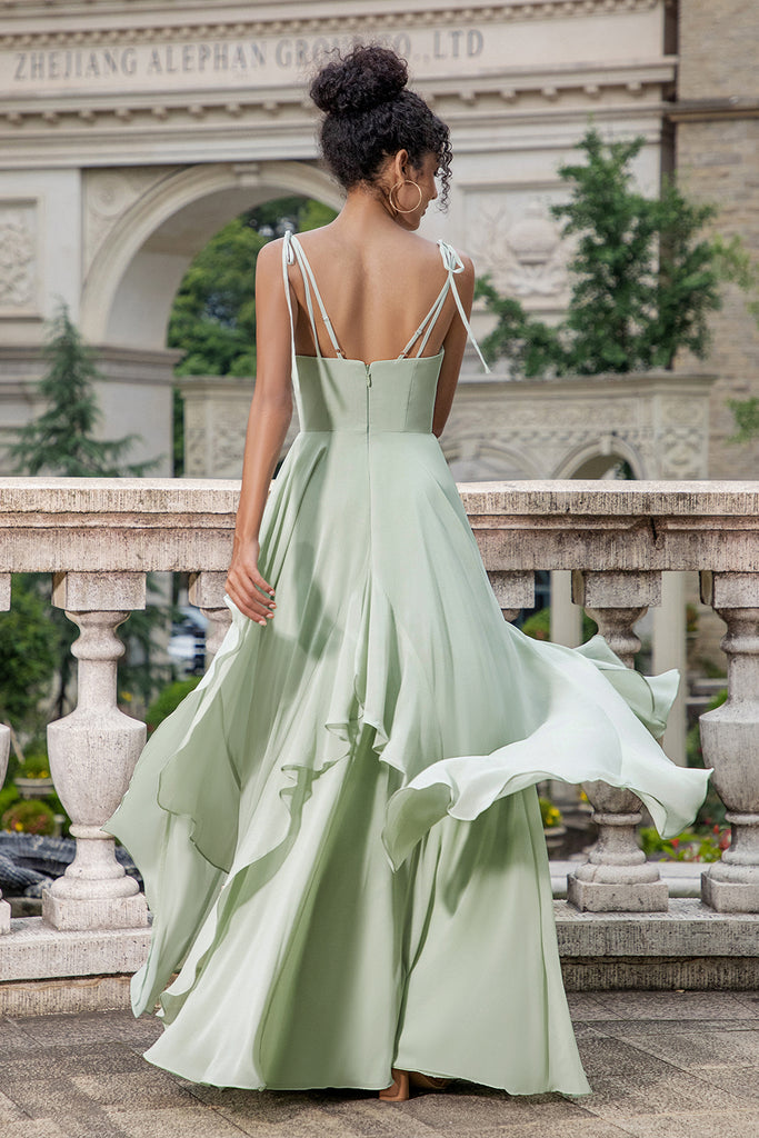 Zapaka Women Matcha Chiffon Bridesmaid Dress with Ruffles A Line ...