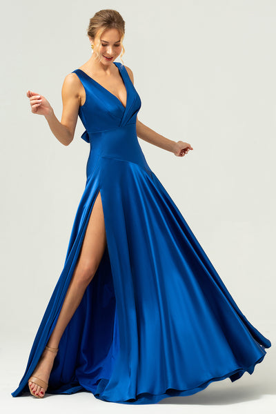 Zapaka Women Ink Blue Wedding Guest Dress A Line V-Neck Satin Long ...