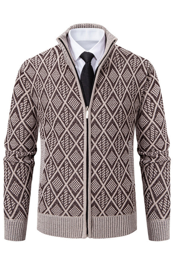 Zapaka Men's Cardigan Jacket Jacquard Plus Velvet Casual Stand Collar ...