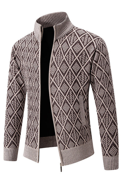 Zapaka Men's Cardigan Jacket Jacquard Plus Velvet Casual Stand Collar ...
