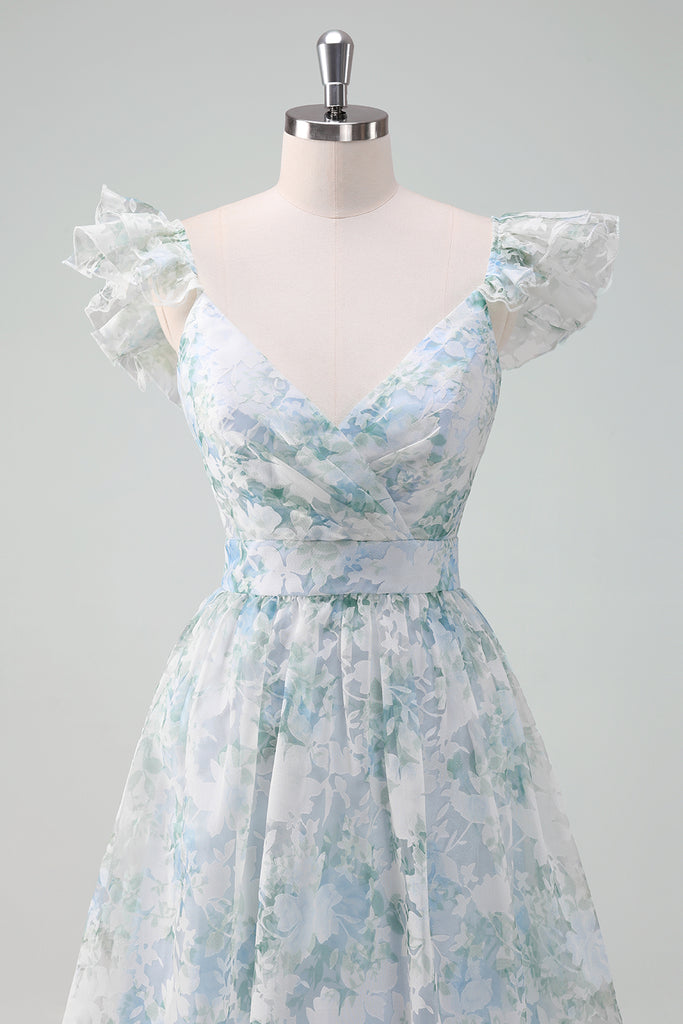 Zapaka Women Light Blue Prom Dress Cap Sleeves Flower Printed A-Line V ...