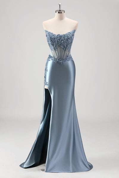 Zapaka Women Sparkly Metallic Prom Dress Grey Blue Floral Appliques ...