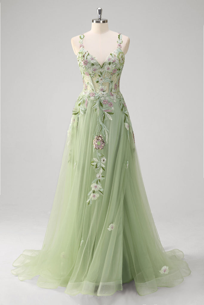 ZAPAKA Women Green Prom Dress with Slit Sequined A Line Tulle Spaghetti ...