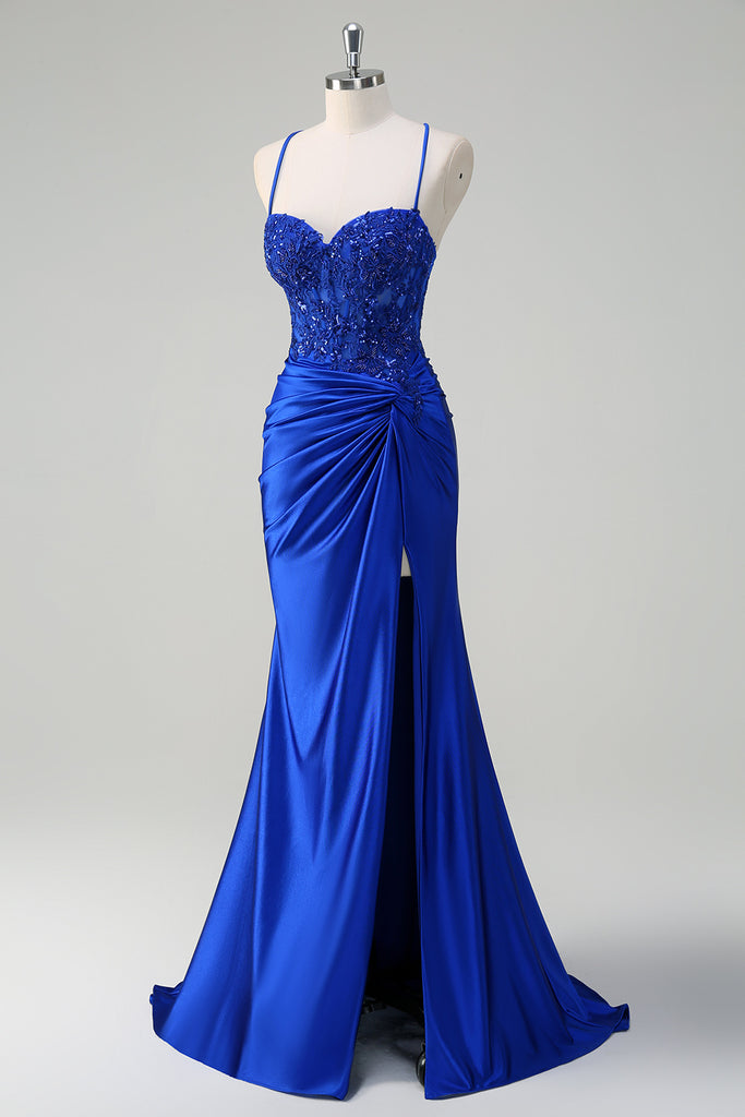 Zapaka Women Royal Blue Prom Dress With Slit Mermaid Spaghetti Straps Corset Pleated Appliqued ...