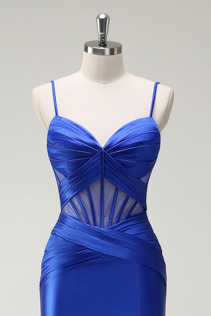 ZAPAKA Women Royal Blue Prom Dress with Slit Satin Corset Spaghetti ...