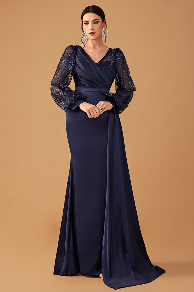 Zapaka Women Navy Prom Dress V Neck Mermaid Long Sleeves Long Formal ...