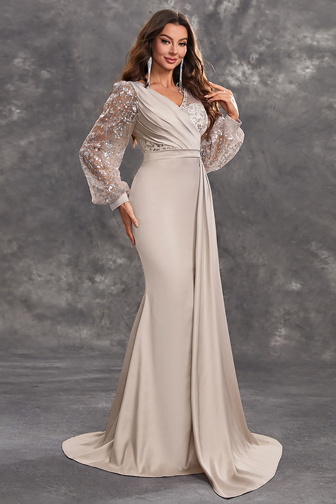 Zapaka Women Navy Prom Dress V Neck Mermaid Long Sleeves Long Formal ...