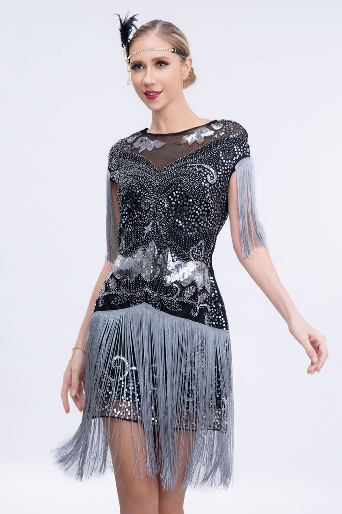 Zapaka Women Grey Sequined 1920s Flapper Dress with Fringes Short ...