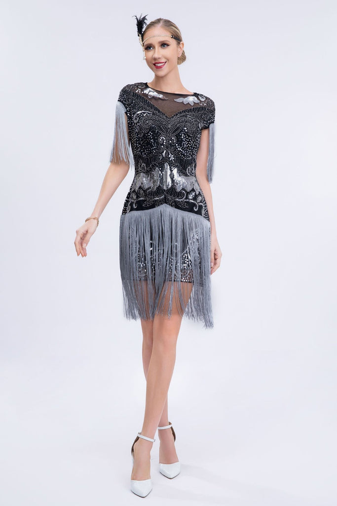 Zapaka Women Grey Sequined 1920s Flapper Dress with Fringes Short ...