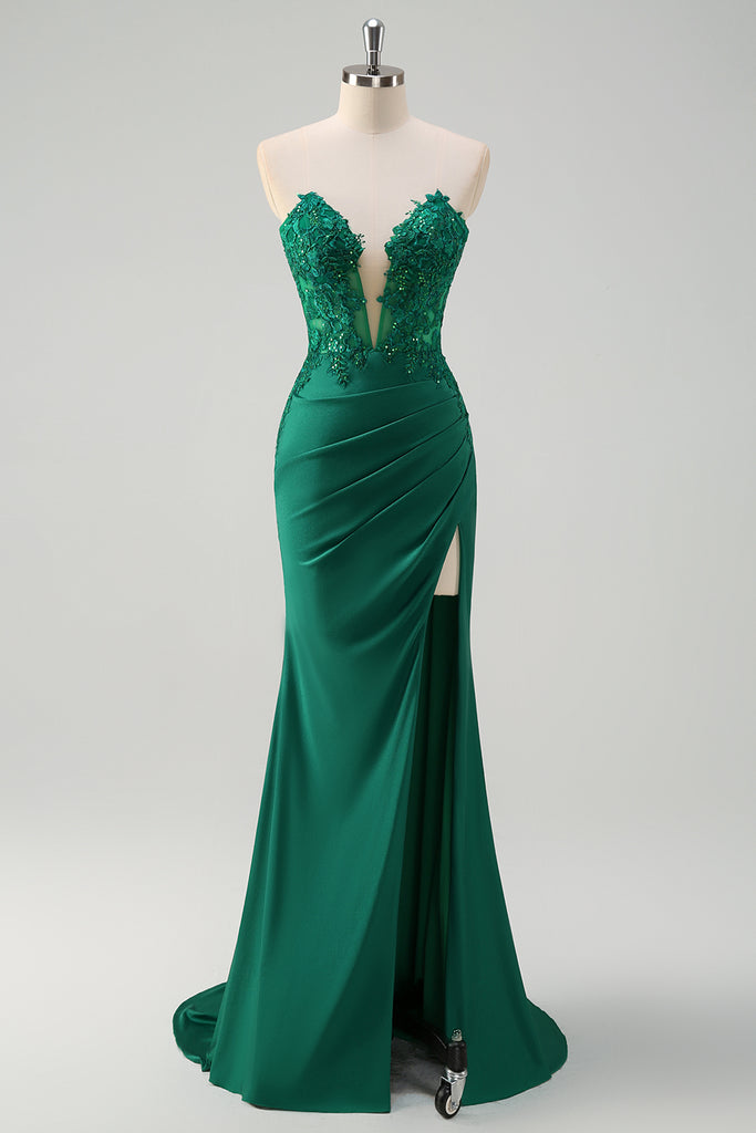ZAPAKA Women Sparky Green Long Prom Dress Mermaid Strapless Appliques Corset Evening Dress with Slit