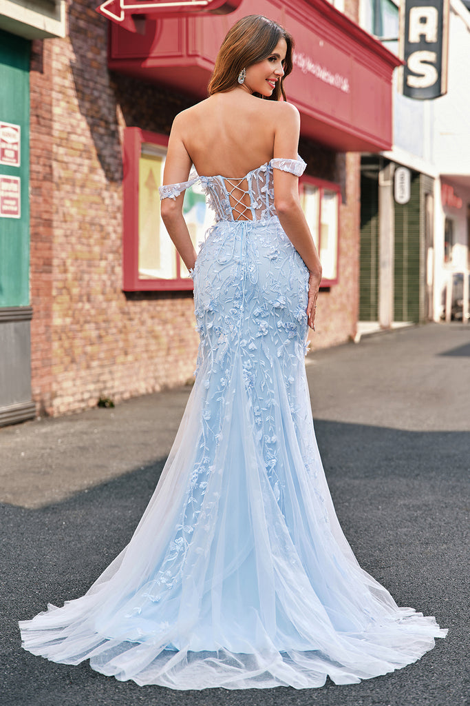 Zapaka Women Blue Prom Dress With Lace Up Back Off the Shoulder Mermaid Sequined Floral Corset ...
