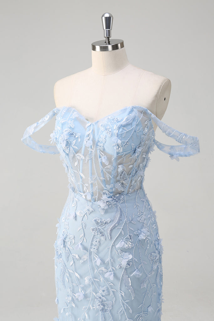 Zapaka Women Blue Prom Dress With Lace Up Back Off the Shoulder Mermaid ...