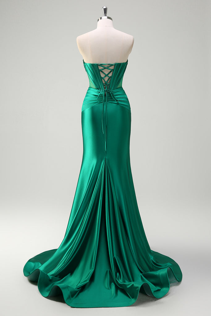 ZAPAKA Women Sparkly Dark Green Long Prom Dress Mermaid Strapless Beaded Corset Satin Evening ...