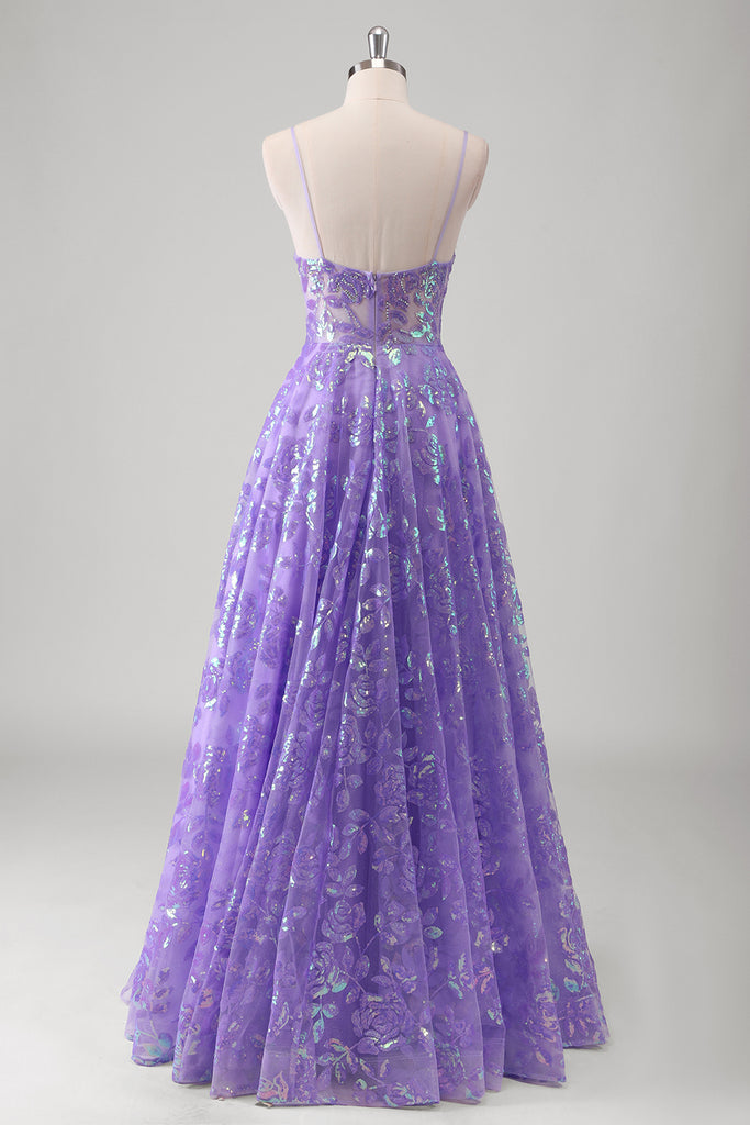 ZAPAKA Women Purple A Line Prom Dress Pleated V Neck Spaghetti Straps ...