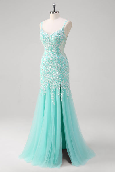 ZAPAKA Women Sparkly Mint Mermaid Prom Dress with Lace Spaghetti Straps ...