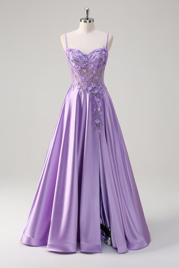 ZAPAKA Women Purple Floral Spaghetti Straps Prom Dress with Slit A-Line ...