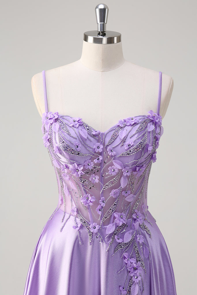 ZAPAKA Women Purple Floral Spaghetti Straps Prom Dress with Slit A-Line ...