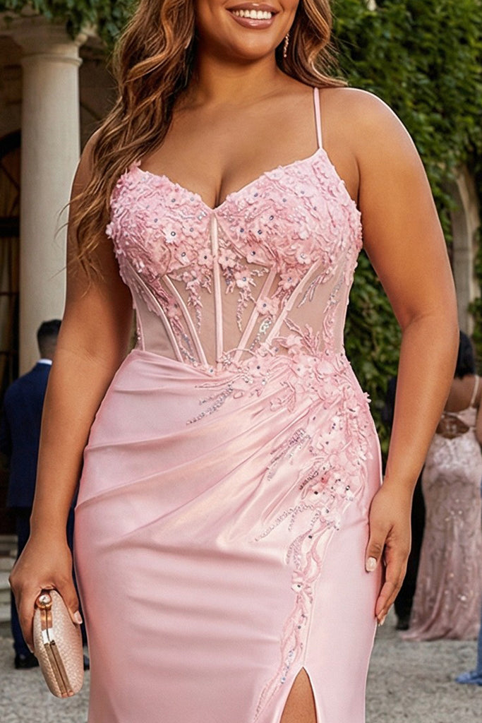 Zapaka Women Pink Plus Size Prom Dress with Slit Corset Floral Mermaid ...