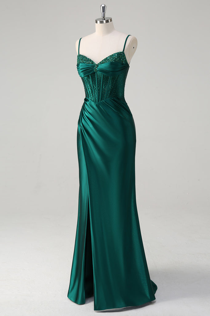 ZAPAKA Women Sparkly Corset Dark Green Mermaid Prom Dress with Slit Spaghetti Straps Beaded ...