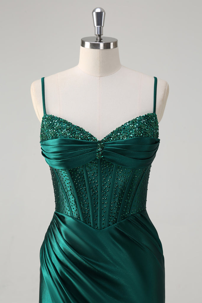 ZAPAKA Women Sparkly Corset Dark Green Mermaid Prom Dress with Slit Spaghetti Straps Beaded ...
