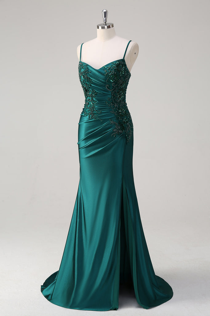 ZAPAKA Women Sparkly Dark Green Mermaid Spaghetti Straps Prom Dress ...