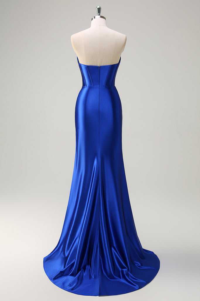 Zapaka Women Royal Blue Long Prom Dress with Slit Mermaid Corset Sequin Ruched Strapless Evening ...