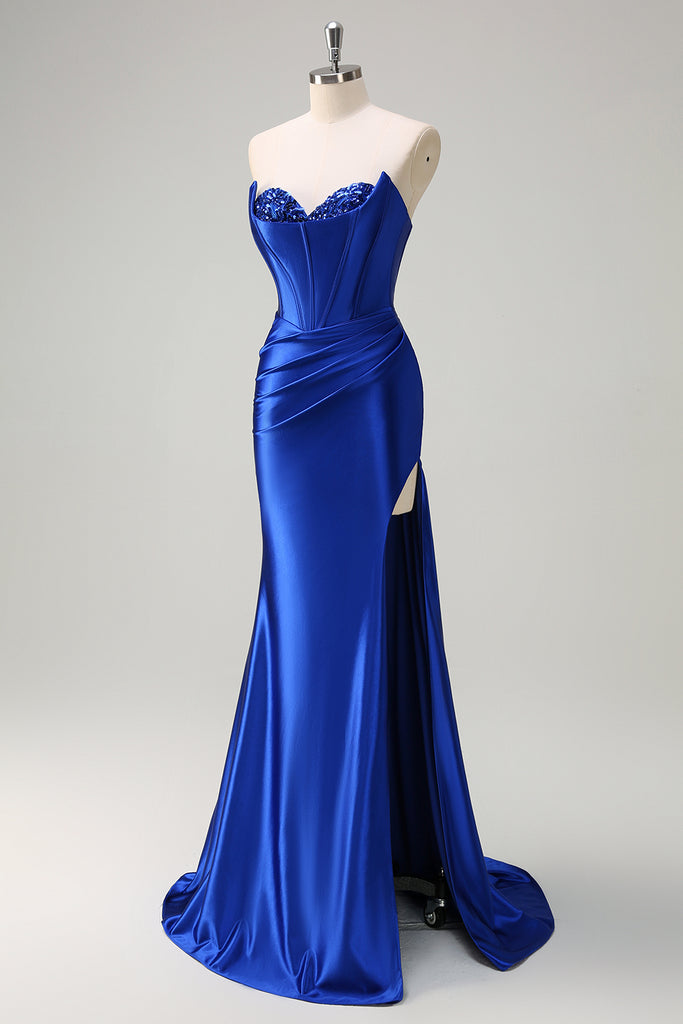 Zapaka Women Royal Blue Long Prom Dress with Slit Mermaid Corset Sequin Ruched Strapless Evening ...
