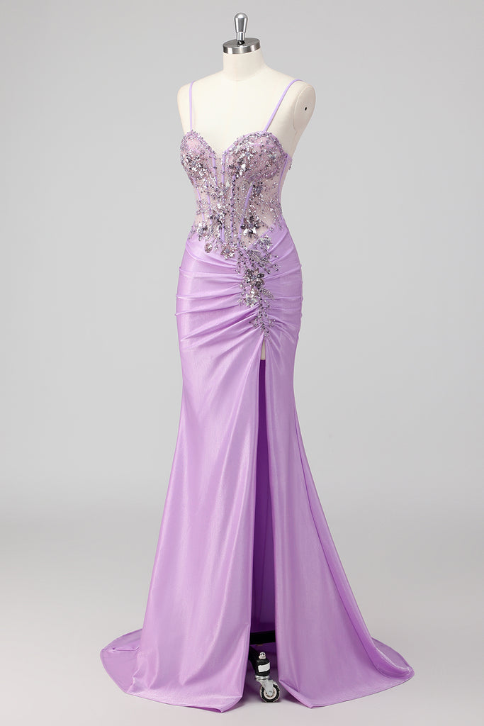 ZAPAKA Women Purple Prom Dress with Slit Mermaid Spaghetti Straps ...