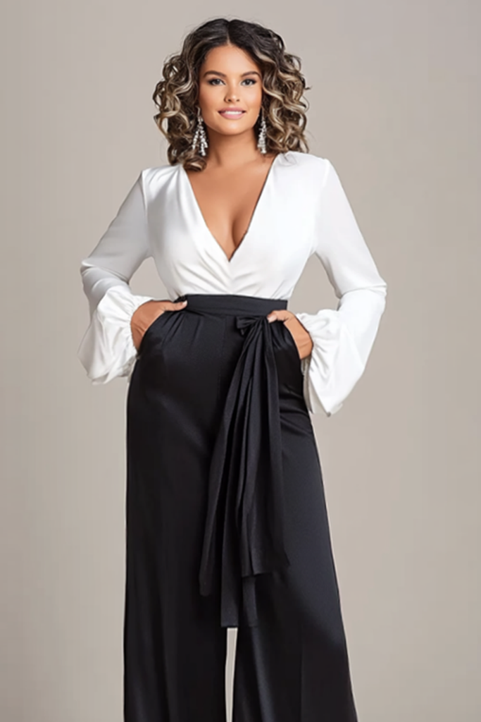 Zapaka Women White and Black Deep V-neck Party Jumpsuits Satin Long ...
