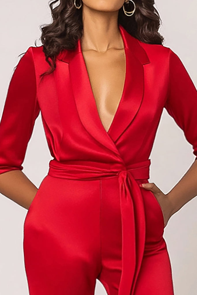 Zapaka Women Red Shawl Lapel Formal Jumpsuits Long Sleeves Satin ...