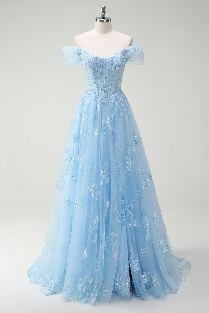 ZAPAKA Women Sparkly Sky Blue Prom Dress with Lace Off The Shoulder A ...