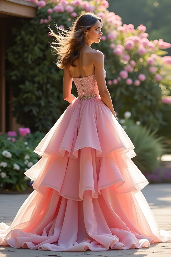 Zapaka Women Pink Prom Dress Sweetheart Strapless Ruched Ruffled Tiered ...
