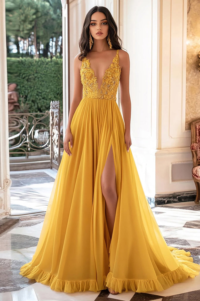 ZAPAKA Women Yellow Prom Dress with Slit Chiffon V-Neck A-Line ...