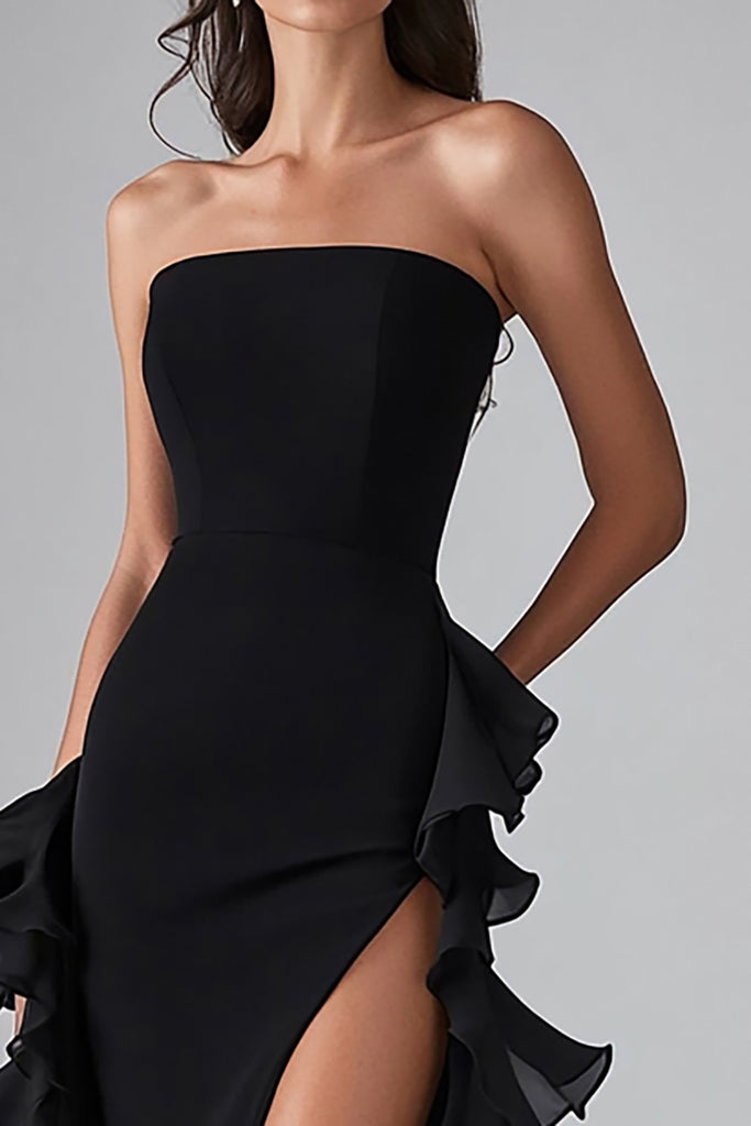 ZAPAKA Women Black Formal Dress With Slit A Line Ruffled Strapless ...