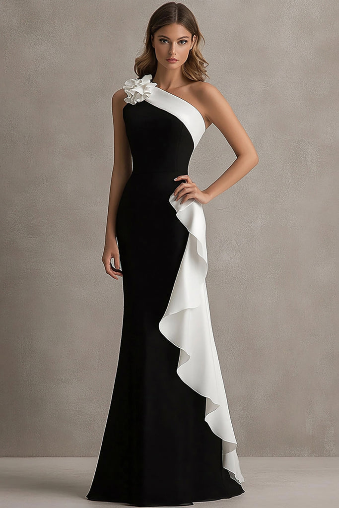 ZAPAKA Women Mermaid Black Tie Dress Ruffles One Shoulder Long Formal Dress