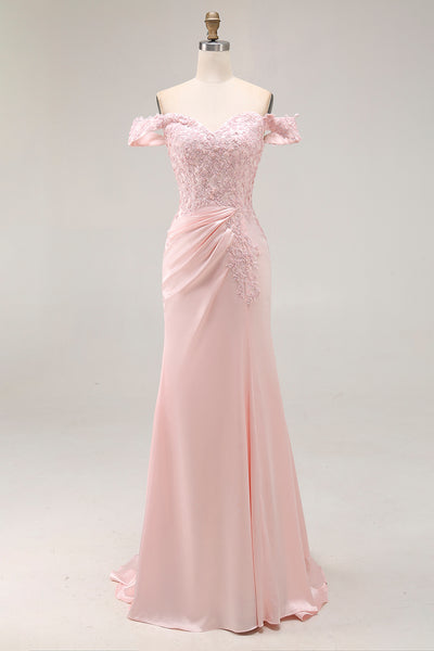 Zapaka Women Pink Long Prom Dress with Appliques Mermaid Off the ...
