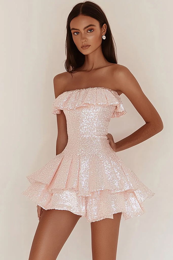 Zapaka Women Sparkly Pink Short Cocktail Dress with Ruffles A Line ...