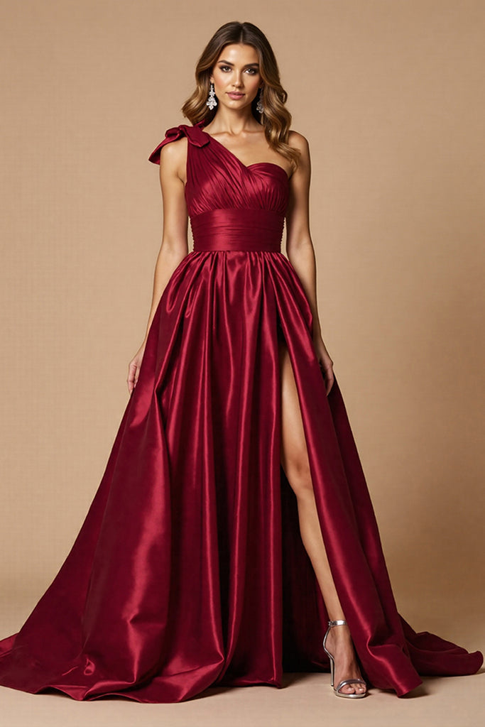ZAPAKA Women Burgundy One Shoulder Prom Dress A Line Long Evening Dress With Slit