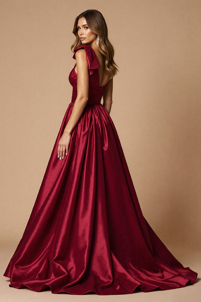 ZAPAKA Women Burgundy One Shoulder Prom Dress A Line Long Evening Dress With Slit