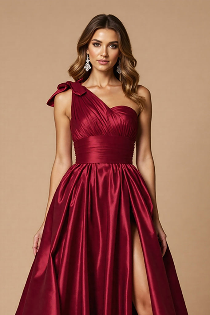 ZAPAKA Women Burgundy One Shoulder Prom Dress A Line Long Evening Dress With Slit