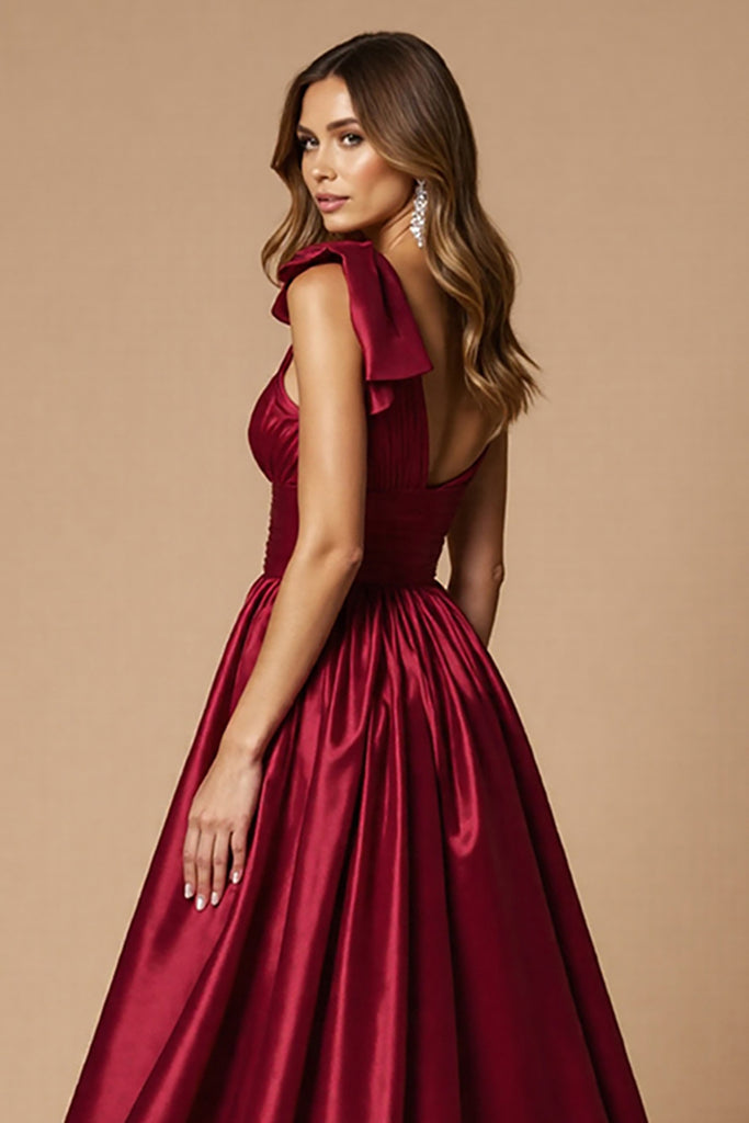 ZAPAKA Women Burgundy One Shoulder Prom Dress A Line Long Evening Dress With Slit
