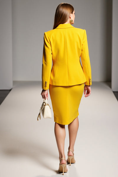 Zapaka Women Yellow Work Dress with Long Sleeves Sheath Notched Lapel ...