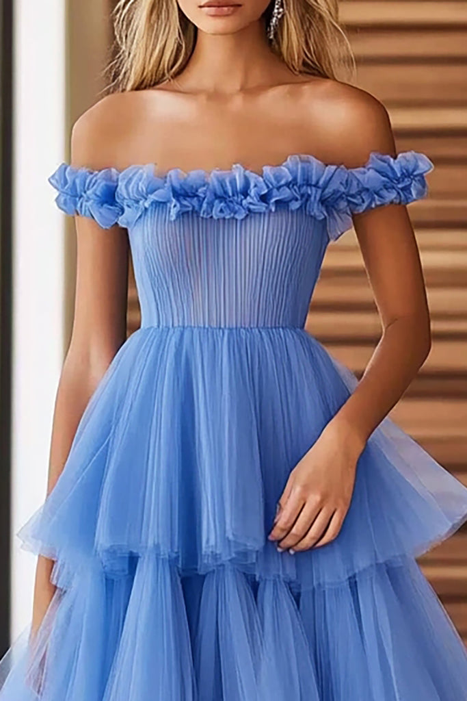 ZAPAKA Women Off The Shoulder Blue Prom Dress A Line Tiered Ruffled ...