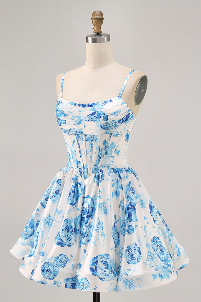 Zapaka Women White Blue Flower Homecoming Dress A Line Printed Corset ...