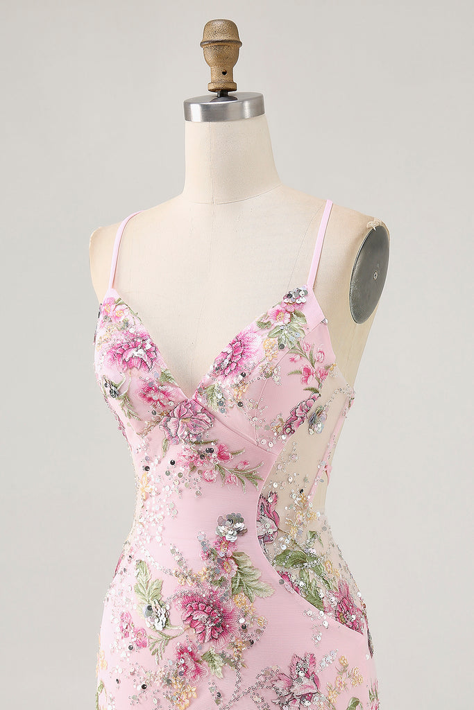 Zapaka Women Pink Homecoming Dress with Sequins Bodycon Short Floral ...