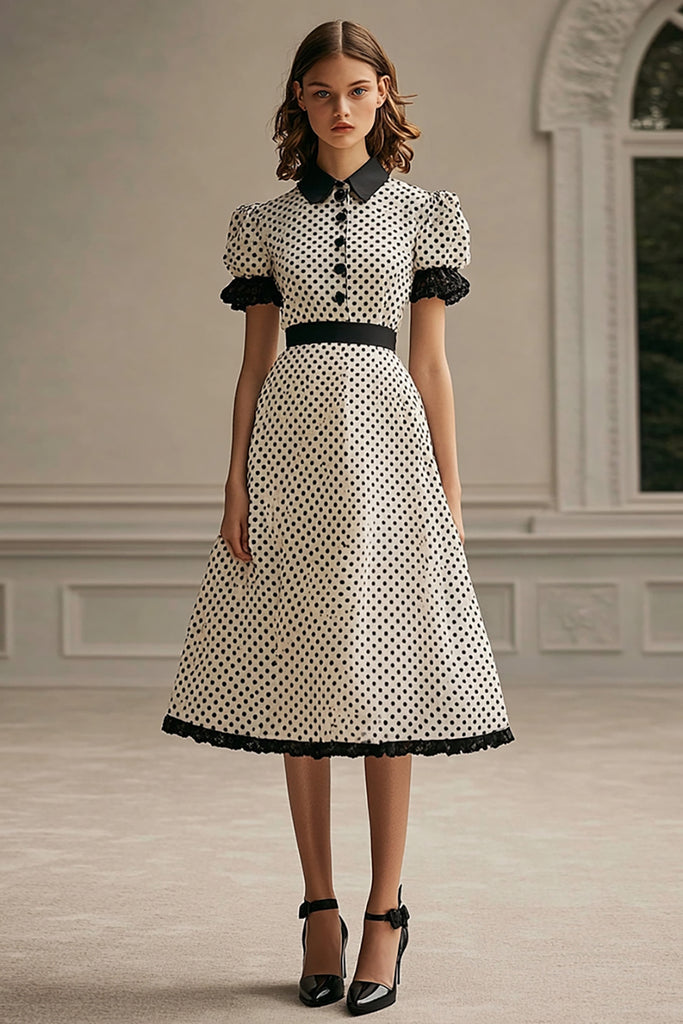 Zapaka Women White Black Polka Dots Dress with Puff Sleeves A Line ...