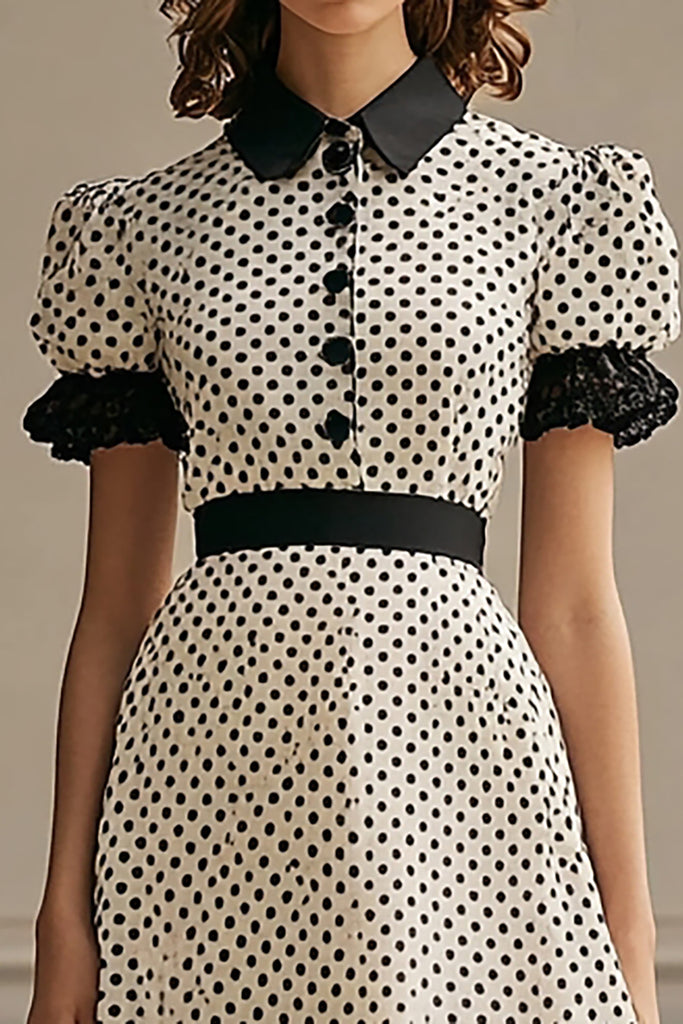 Zapaka Women White Black Polka Dots Dress with Puff Sleeves A Line ...